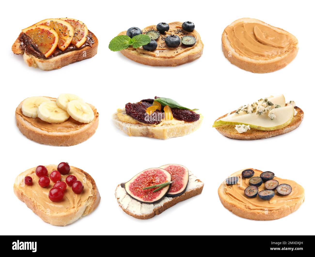 Set of toasted bread with different toppings on white background Stock ...