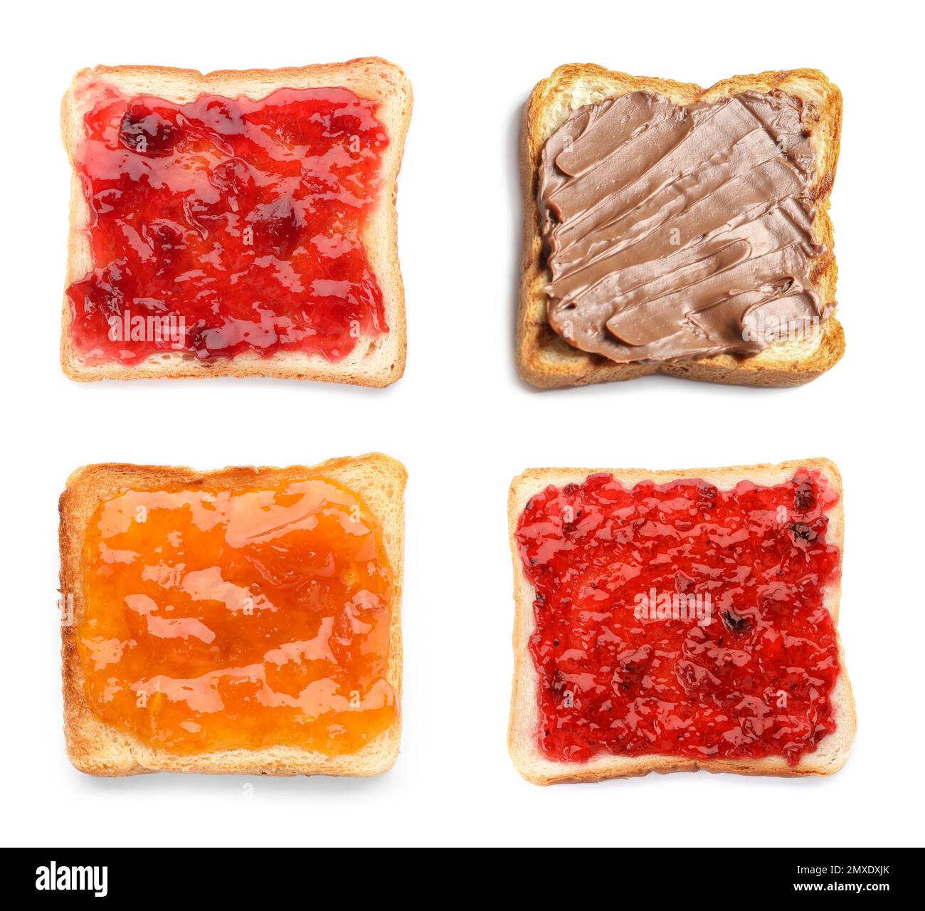 Set of toasted bread with different toppings on white background, top ...
