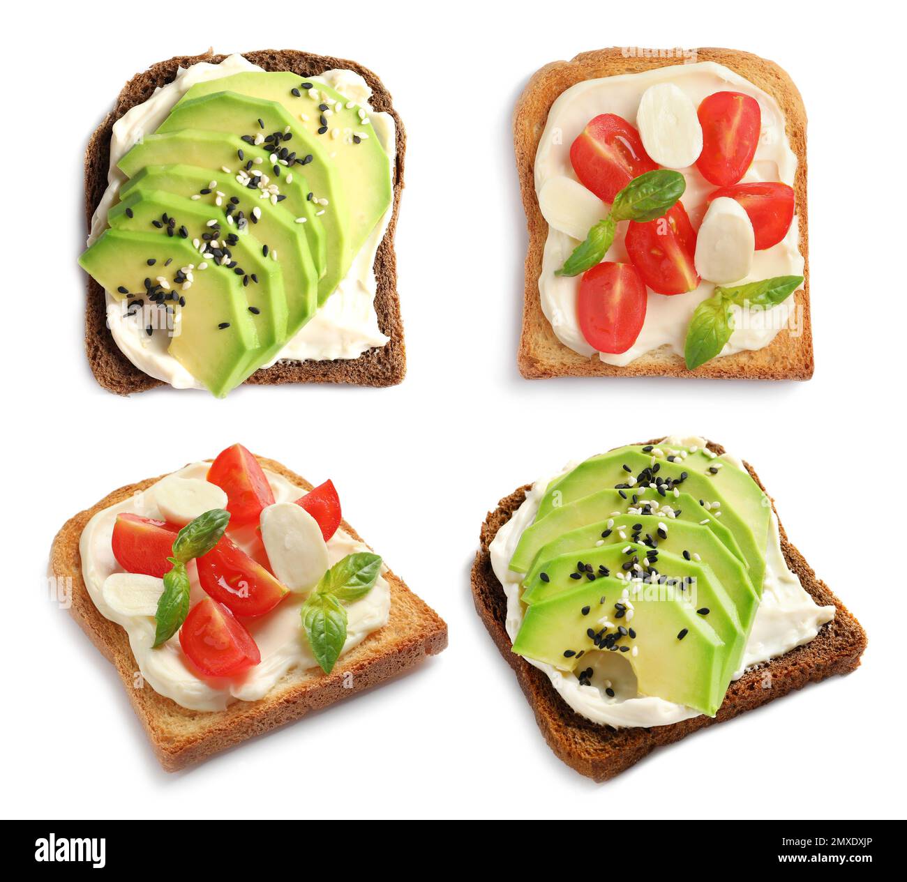 Set of toasted bread with different toppings on white background Stock ...