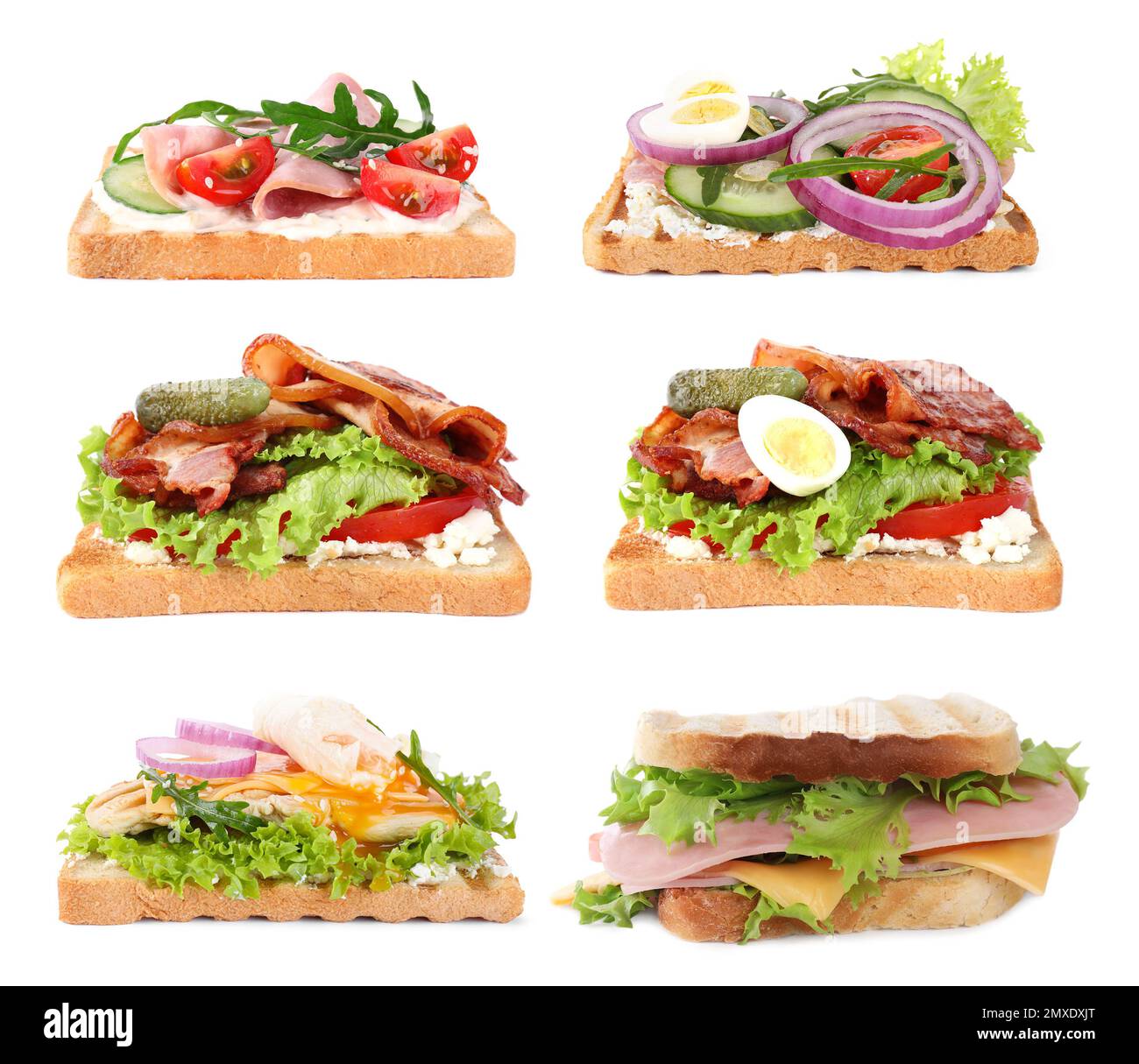 Set of toasted bread with different toppings on white background Stock ...