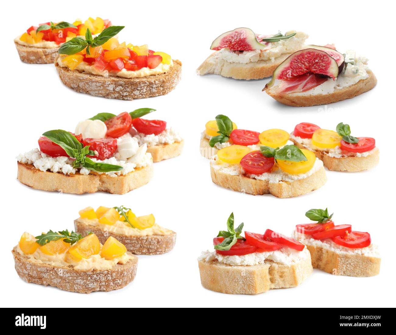 Set of toasted bread with different toppings on white background Stock ...