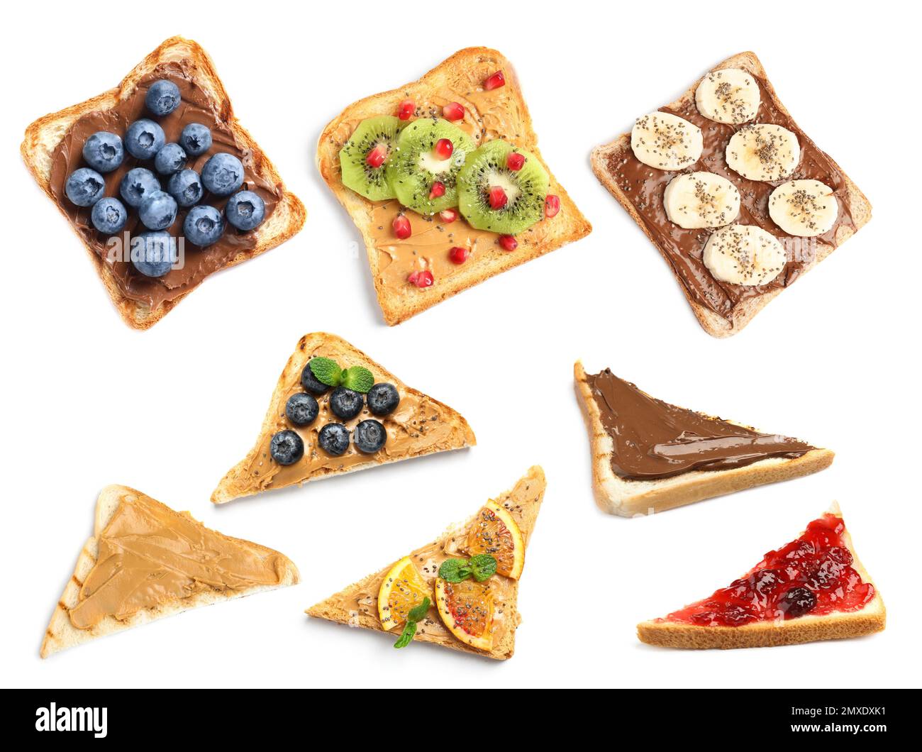 Set of toasted bread with different toppings on white background Stock ...