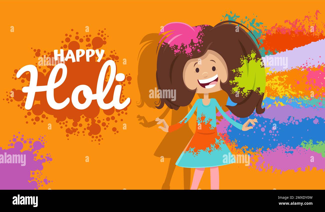 Cartoon illustration of Hindu Holi festival design with comic girl ...