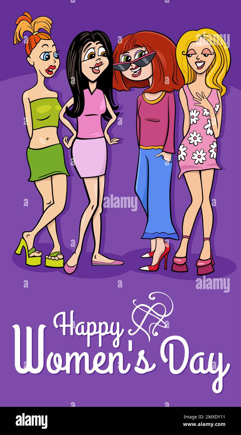 Women's Day greeting card design with cartoon women characters group ...