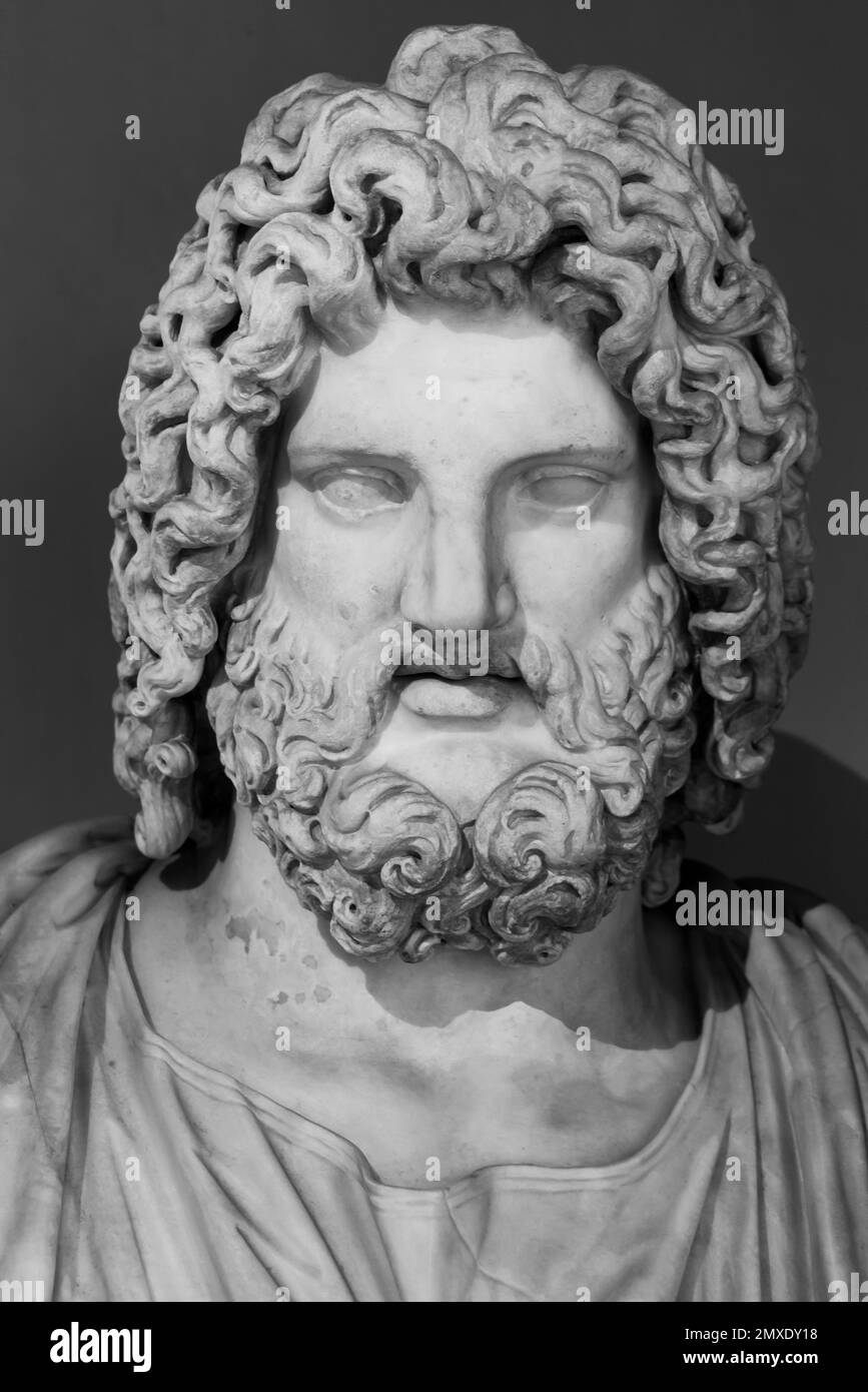 Black and white photo showing in close-up an ancient Jupiter´s bust ...