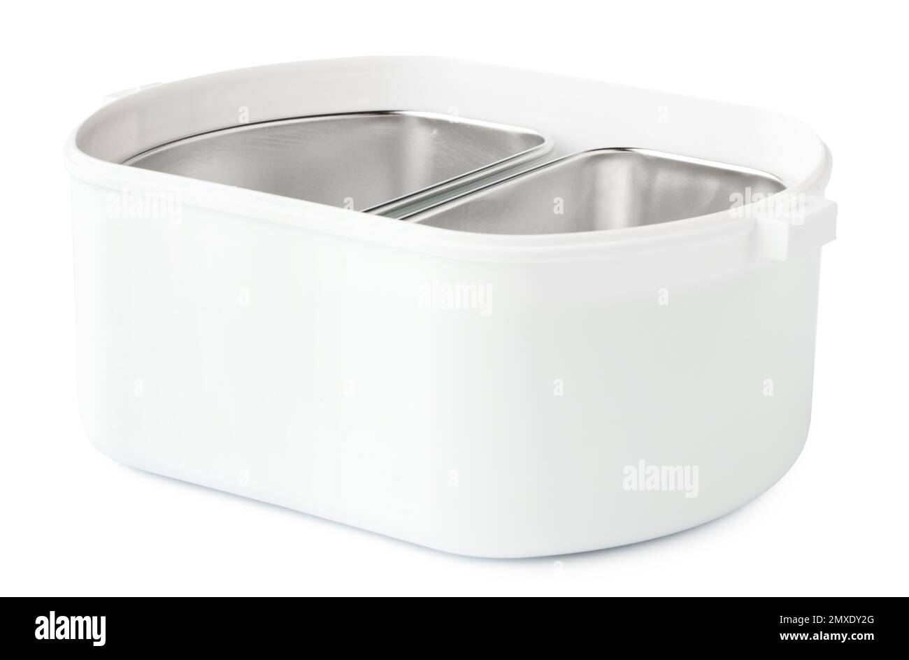 Empty lunch box with metal compartments isolated on white background ...