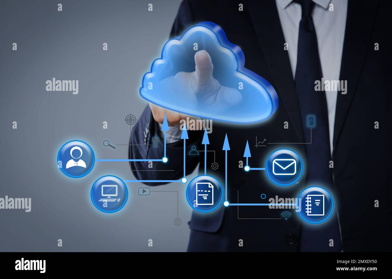 Modern storage technology concept. Man touching icon of cloud on ...