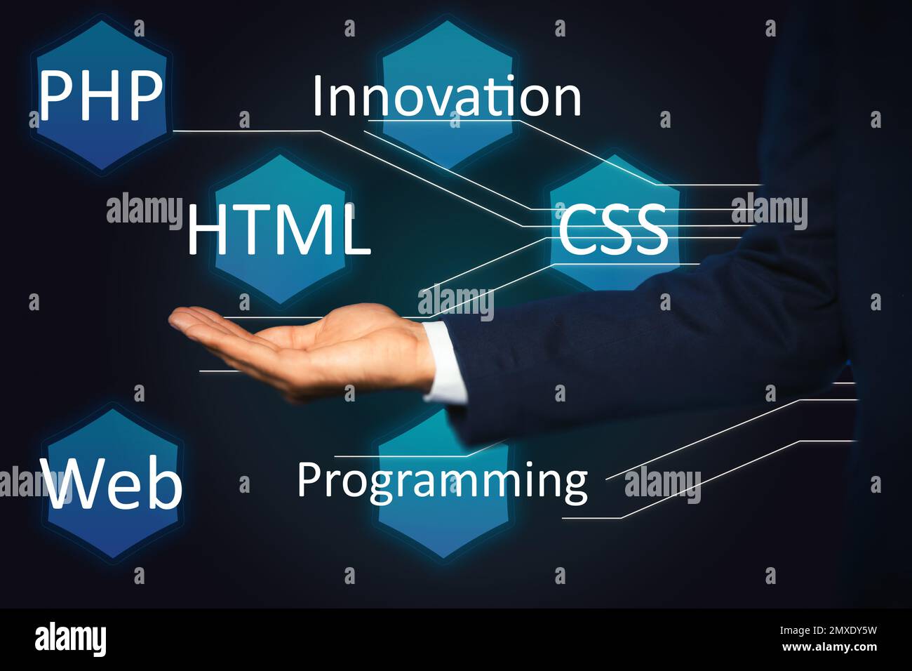 Web development. Man near virtual screen with scheme, closeup Stock ...