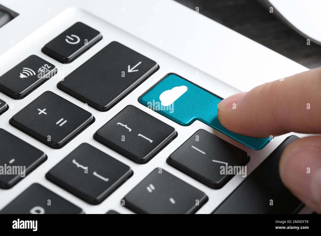 Cloud technology. Woman pressing button on laptop keyboard, closeup ...