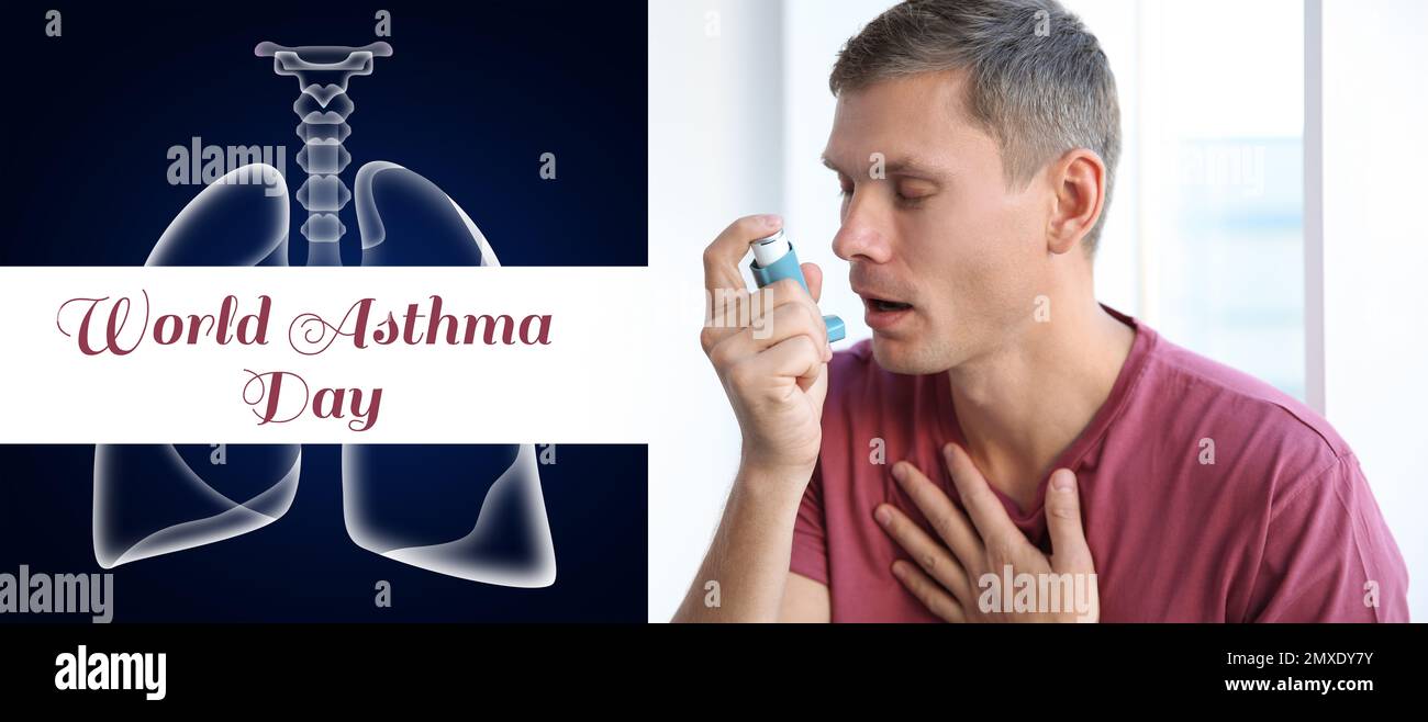 World asthma day. Young man using inhaler at home Stock Photo - Alamy