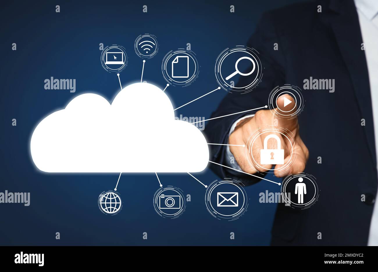 Cloud computing and storage concept. Man pointing at virtual icon on ...