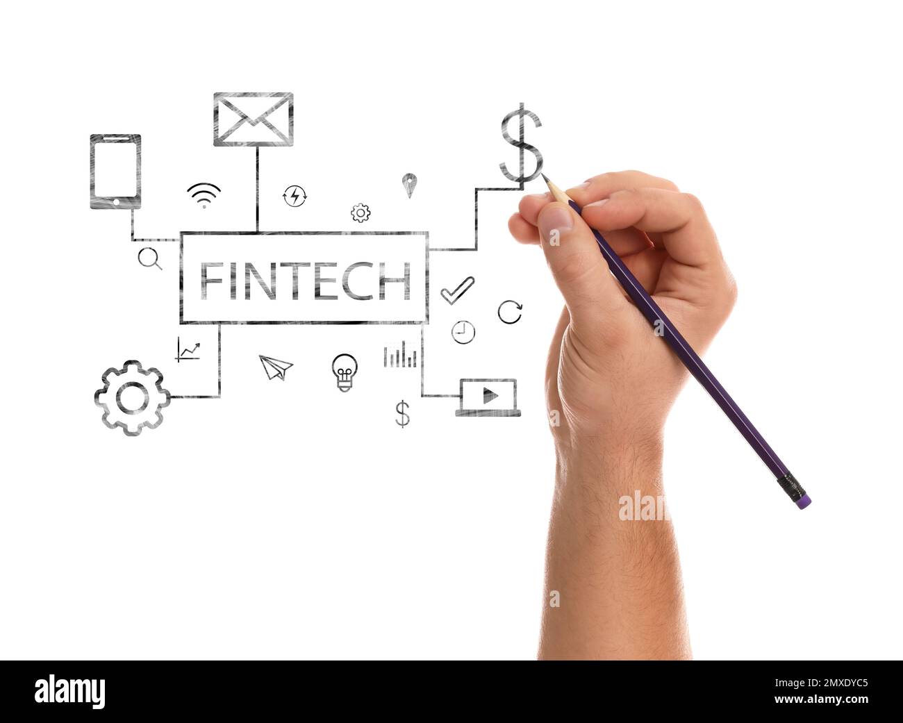 Fintech concept. Man drawing scheme and on white background, closeup ...