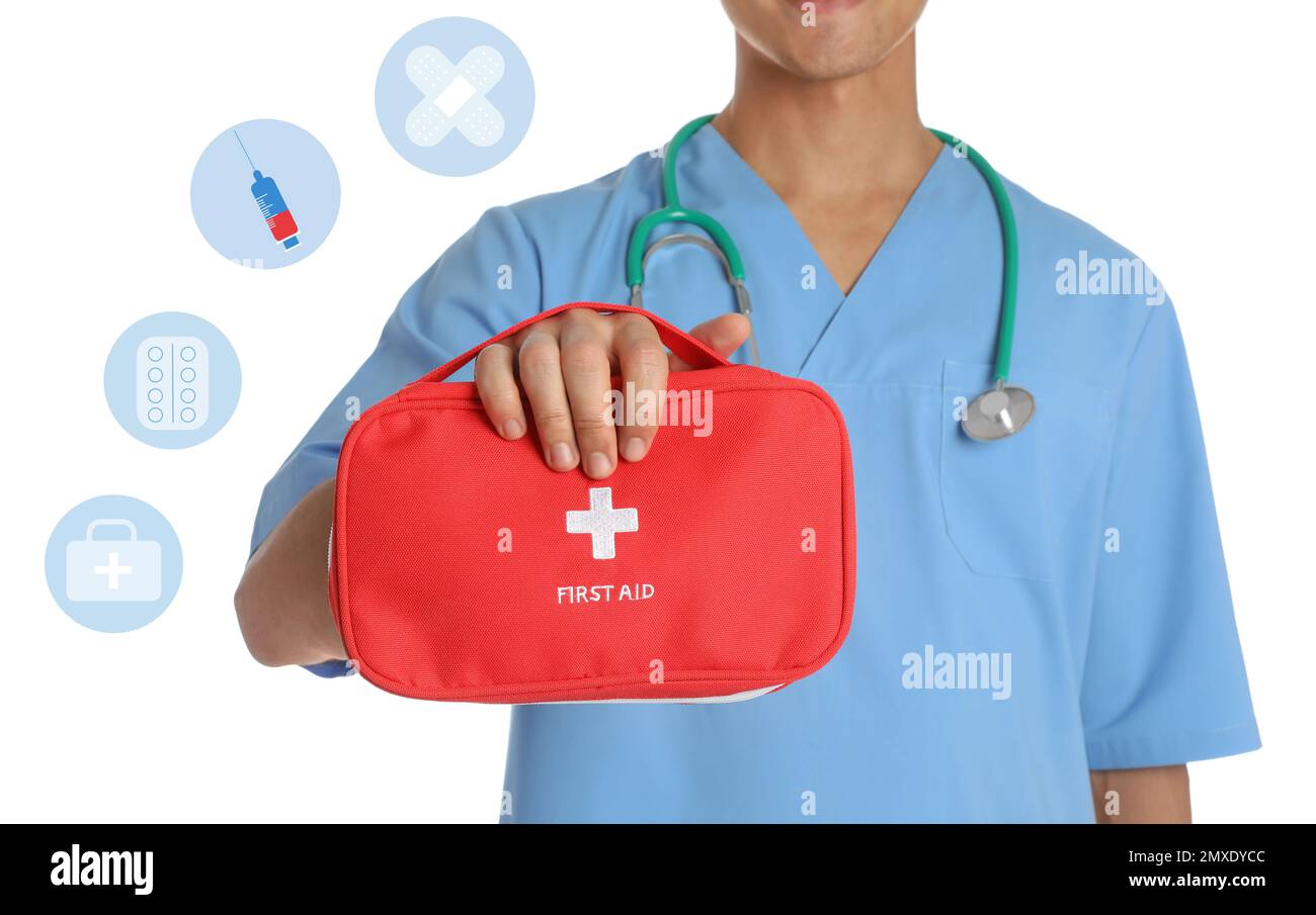 Doctor holding first aid kit on white background, closeup. Medical ...