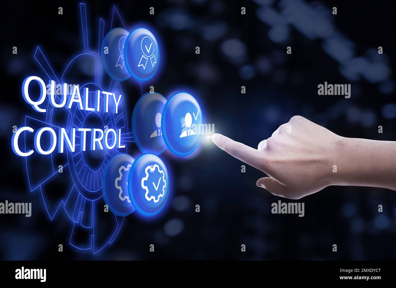 Quality control service. Man using virtual screen, closeup Stock Photo ...