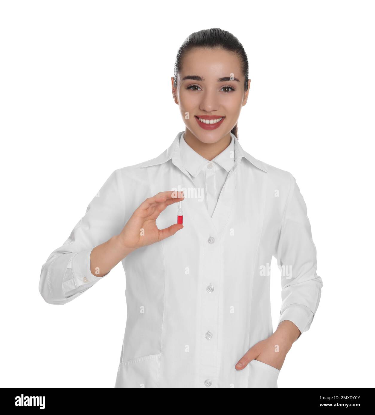Professional pharmacist with ampule of medicine on white background ...