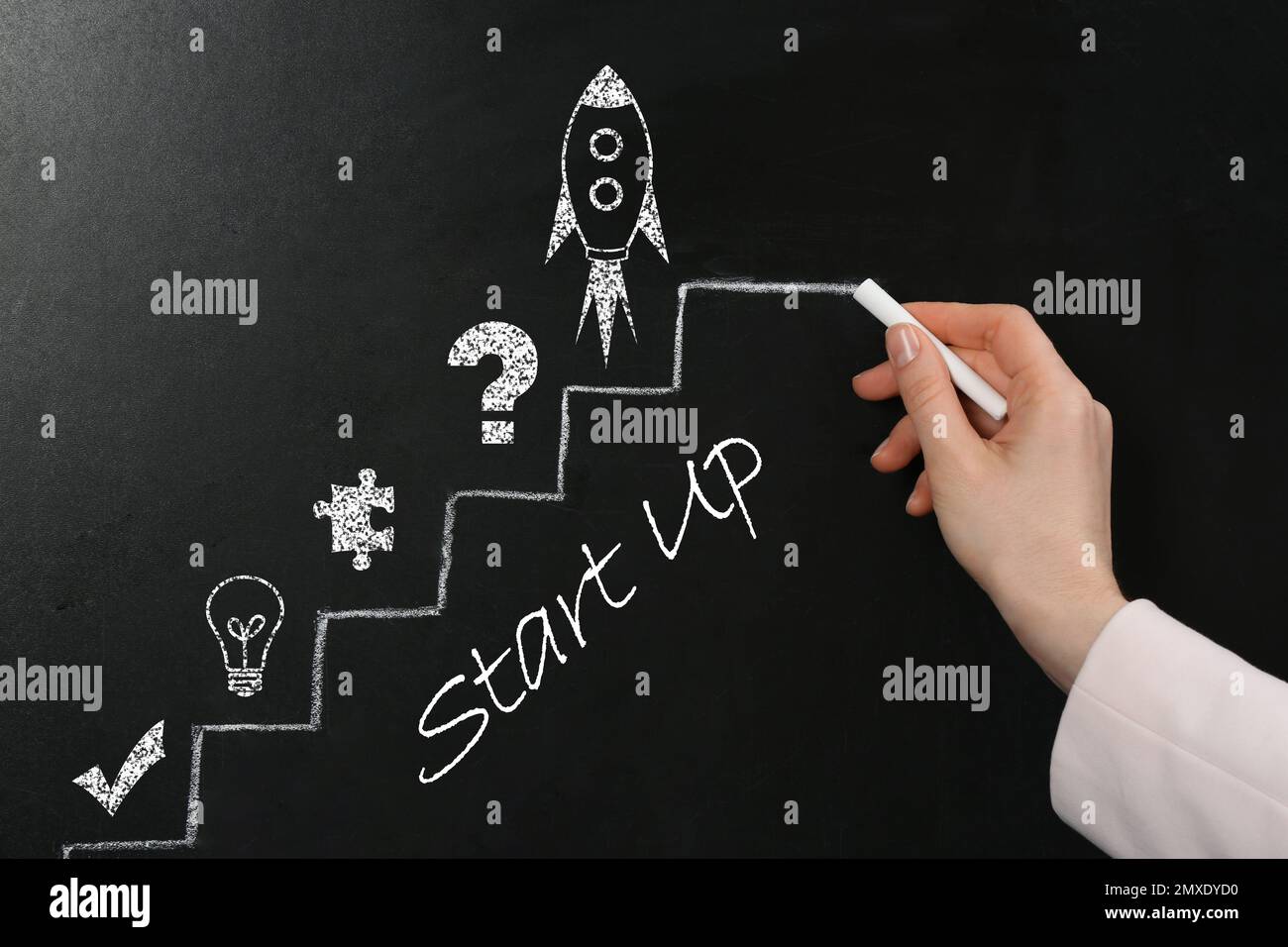 Business startup concept. Woman drawing stairs with rocket and icons on ...