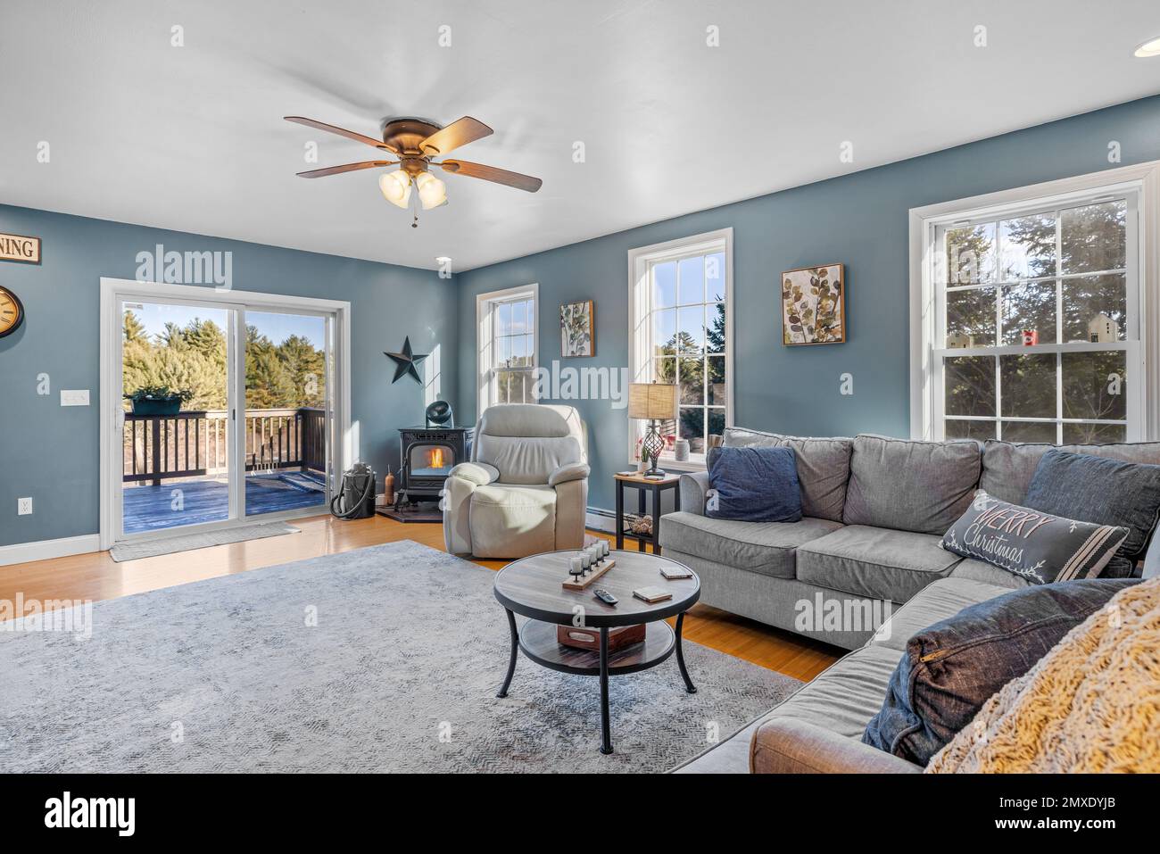 A beautiful suburban house interior with blue walls and sofas under a ...