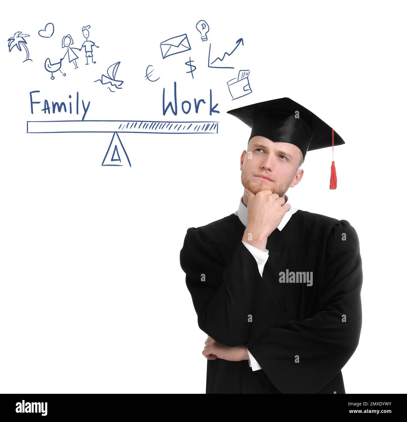 Life balance. Thoughtful graduate making choice between family and work ...