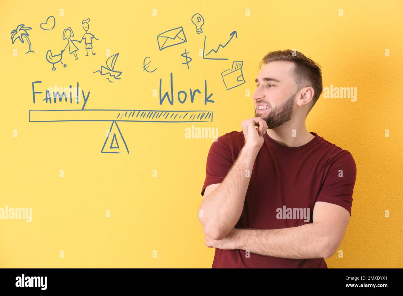 Life balance. Happy man making choice between family and work Stock ...