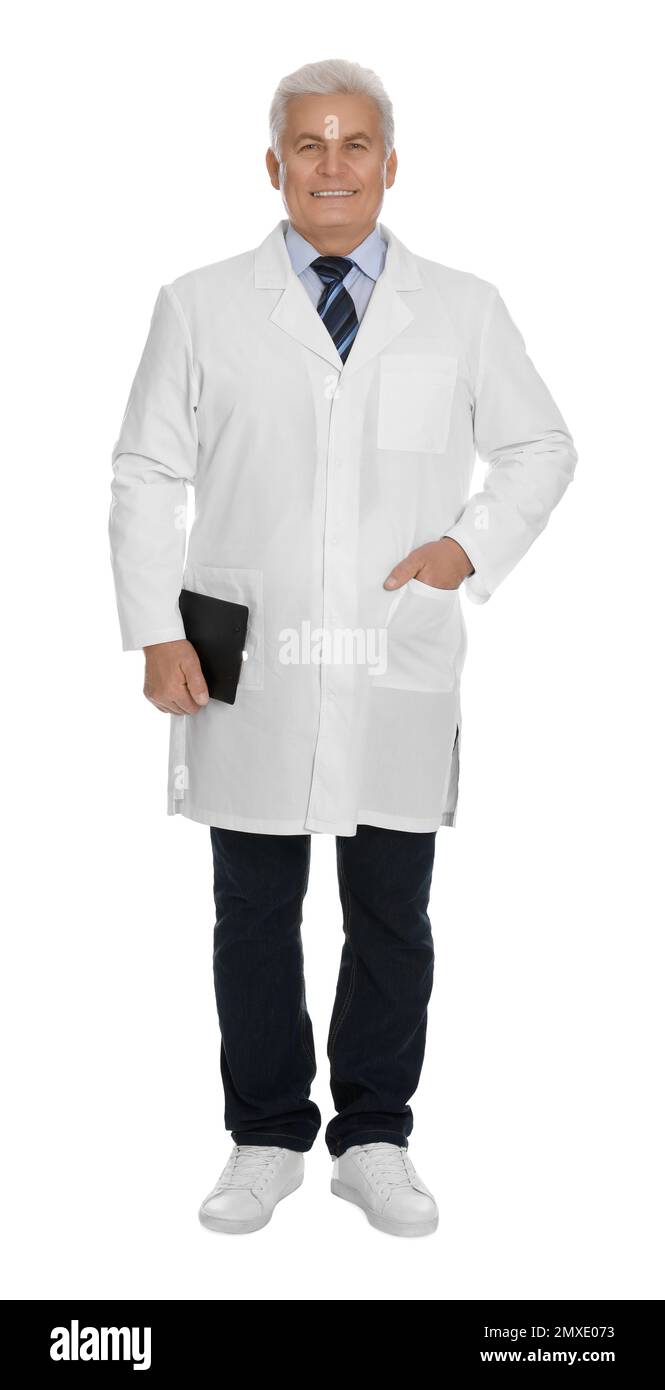 Happy senior man in lab coat with clipboard on white background Stock ...