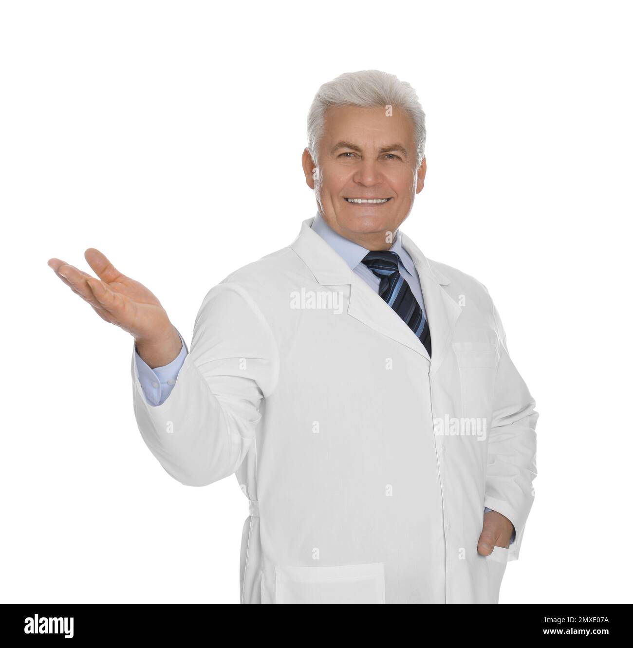 Happy senior man in lab coat on white background Stock Photo - Alamy