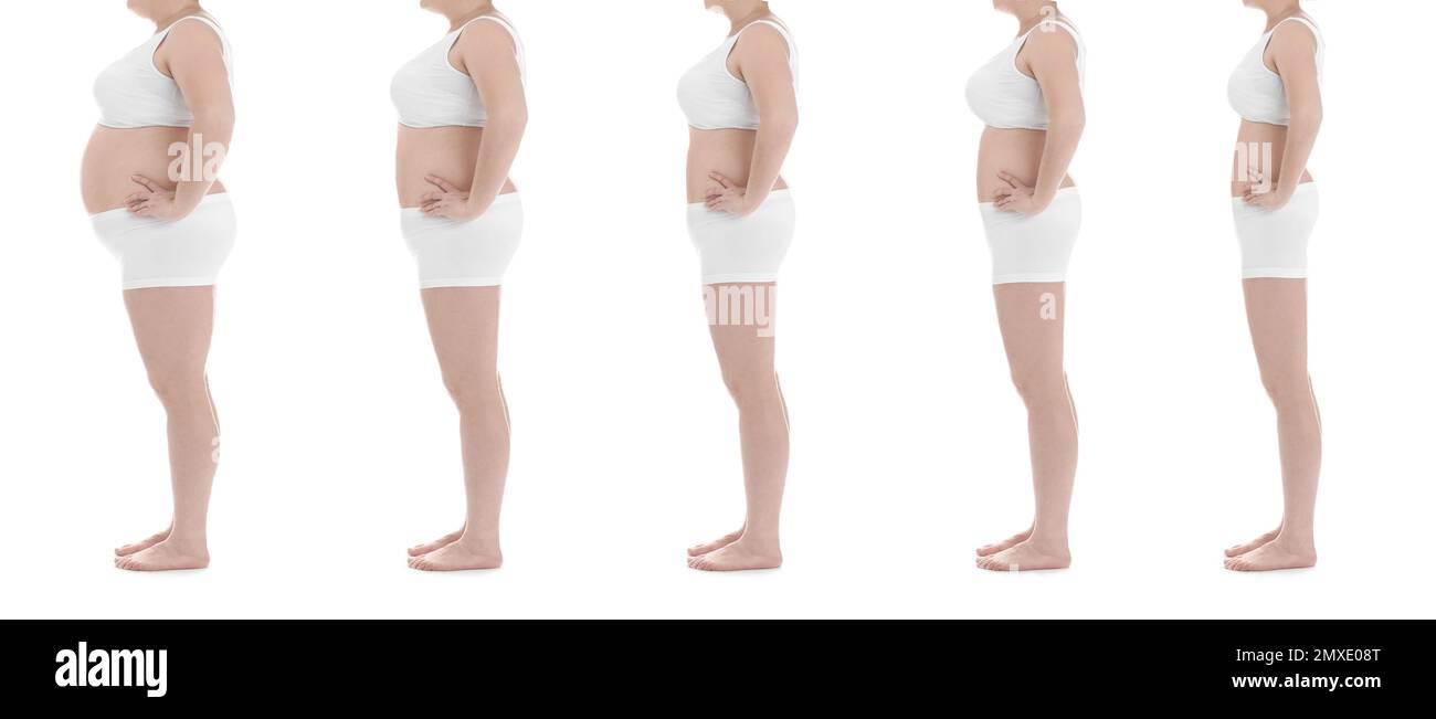 Collage with photos of overweight woman before and after weight loss on ...