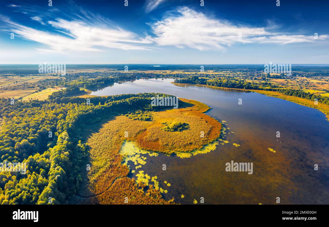 Aerial landscape photography. Stunning morning view from flying drone ...