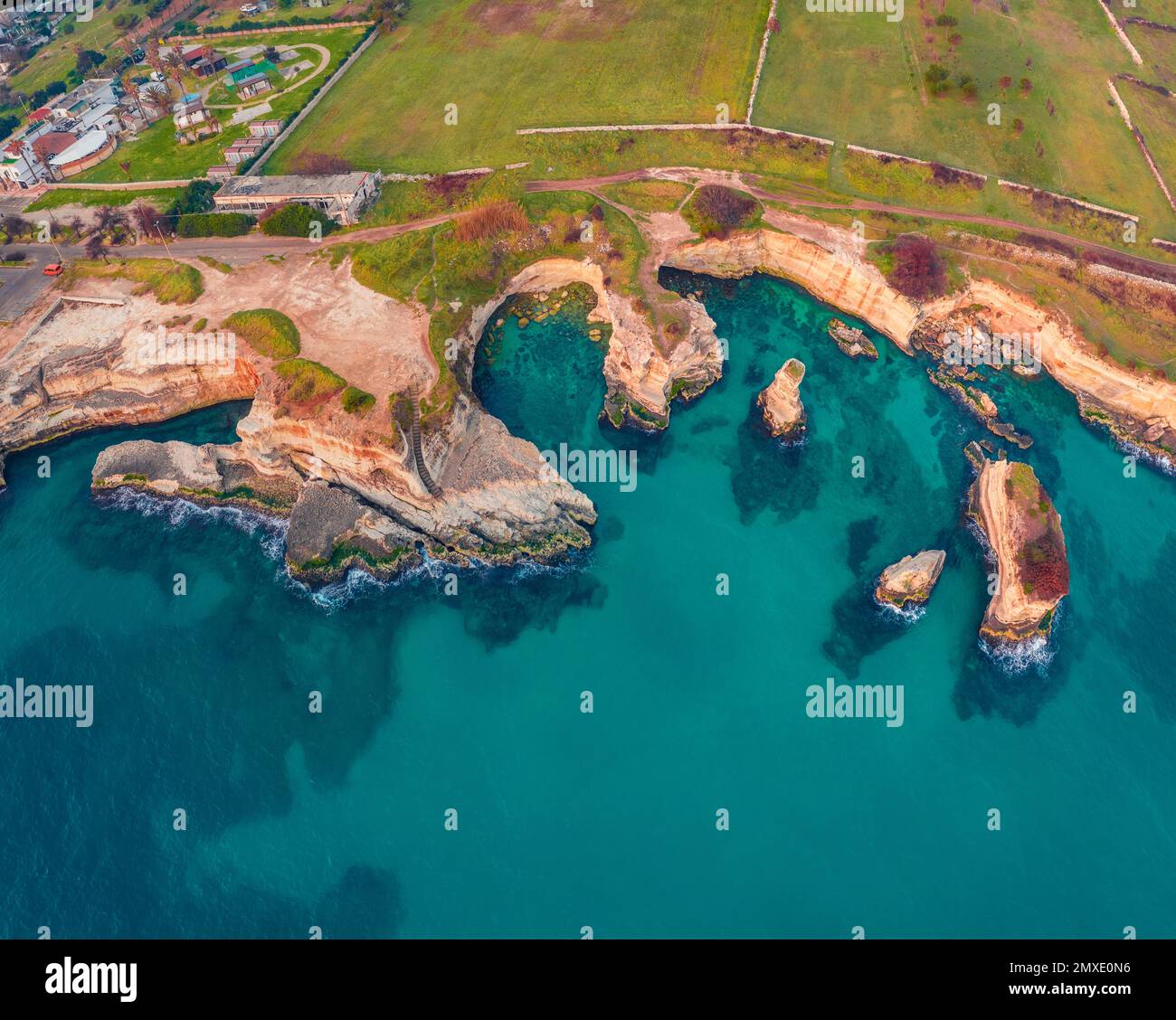 Aerial landscape photography. Straight-down view from flying drone of ...