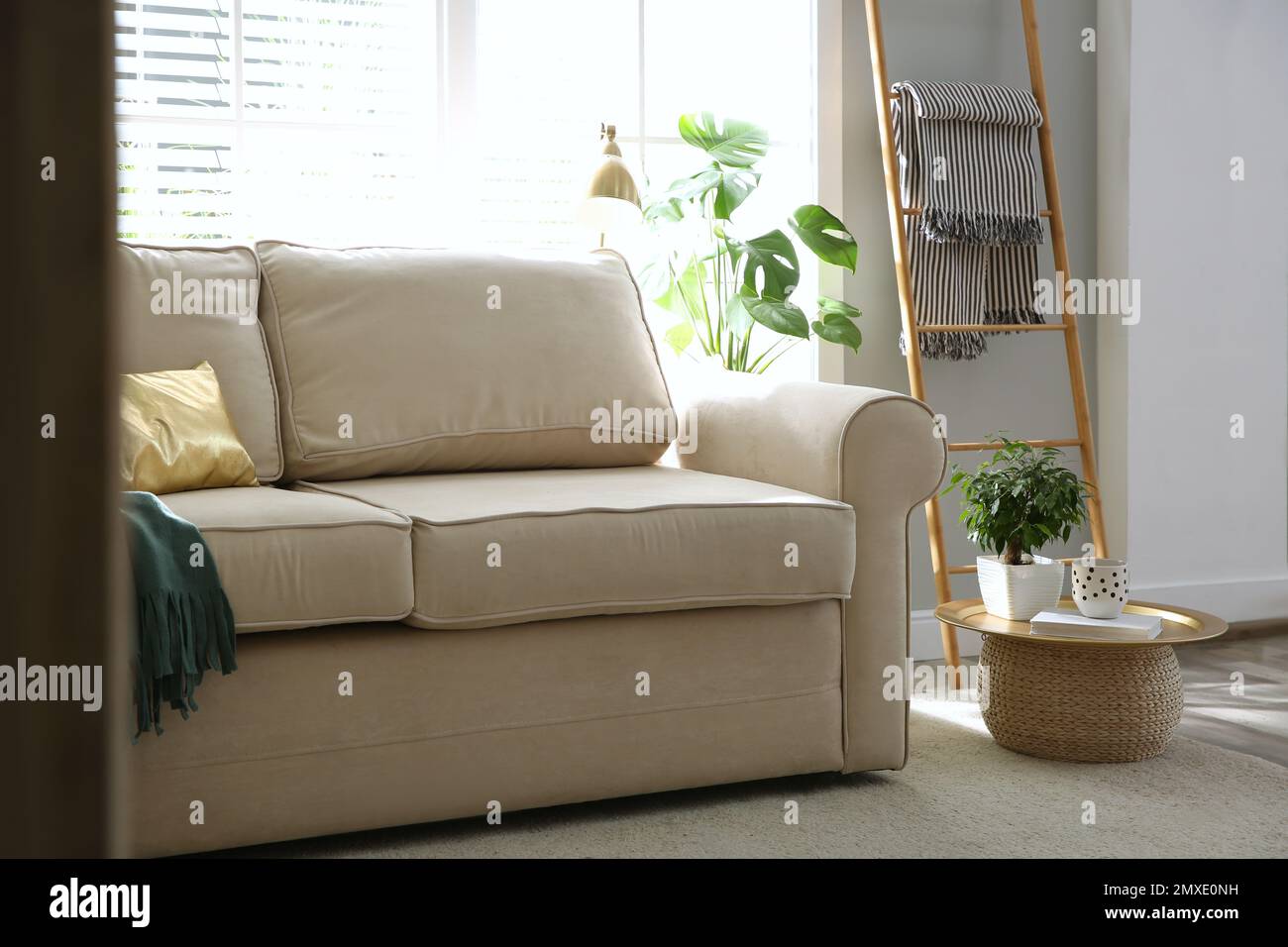 Stylish beige sofa in modern living room interior Stock Photo - Alamy