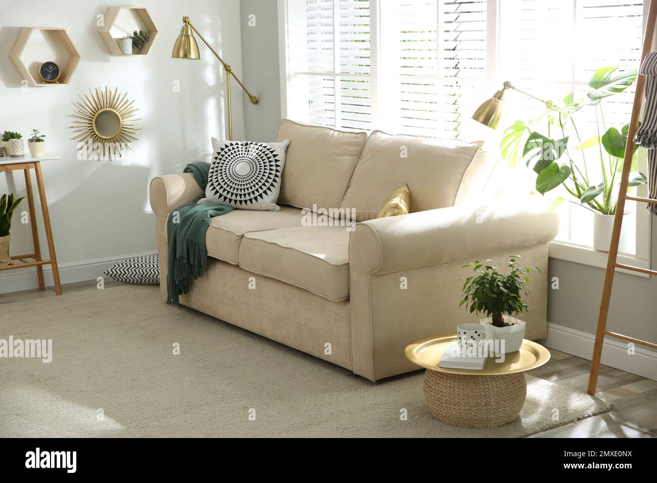 Stylish beige sofa in modern living room interior Stock Photo - Alamy