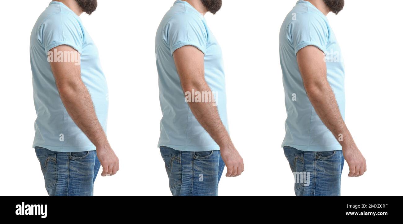 Collage with photos of overweight man before and after weight loss on ...
