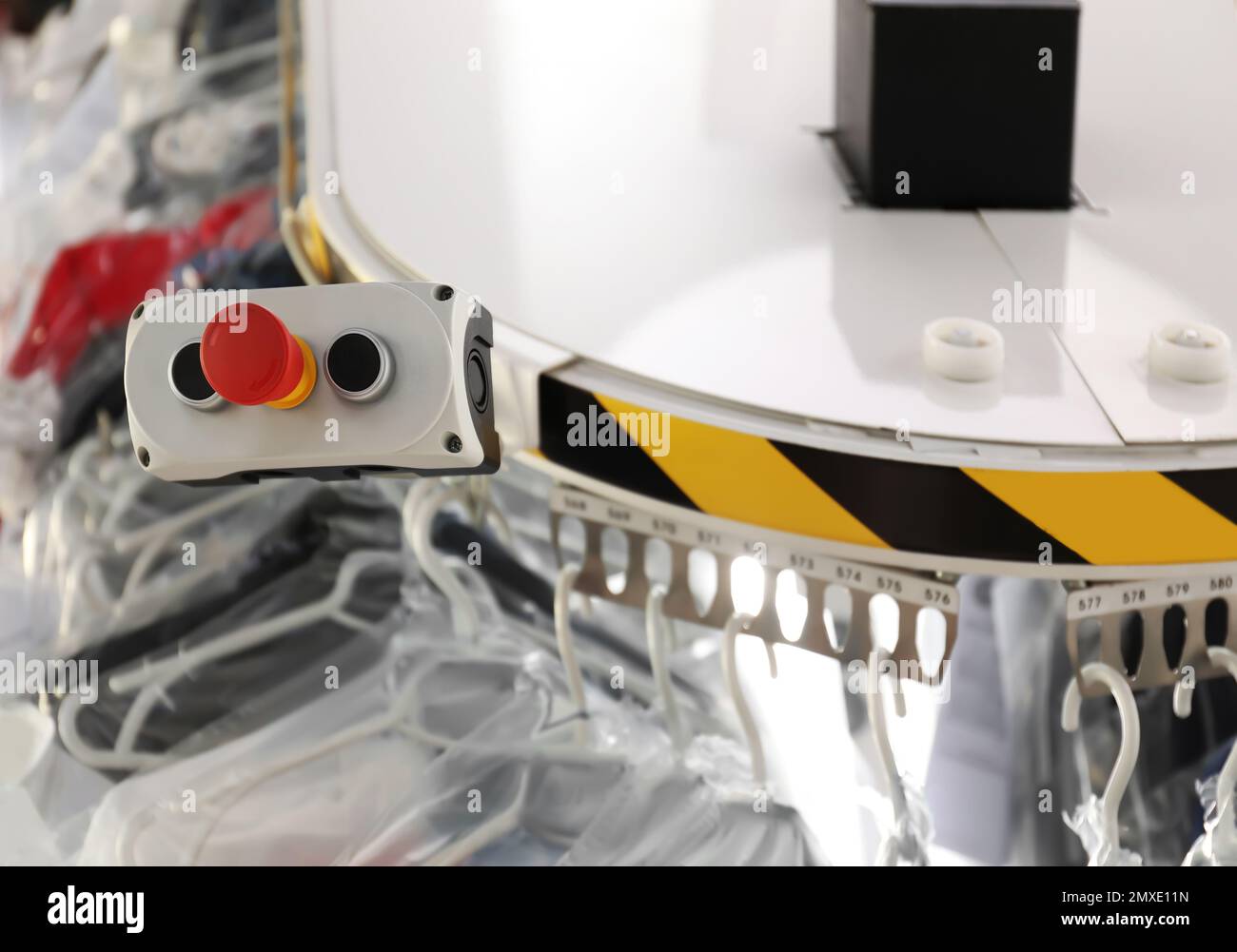 Control panel of garment conveyor at dry-cleaner's, closeup Stock Photo ...