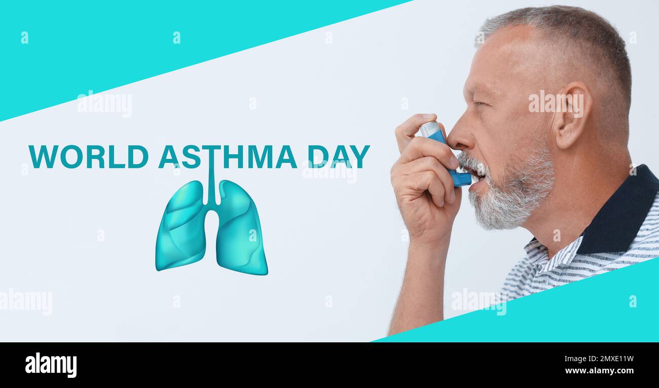 World asthma day. Man using inhaler on color background, banner design ...