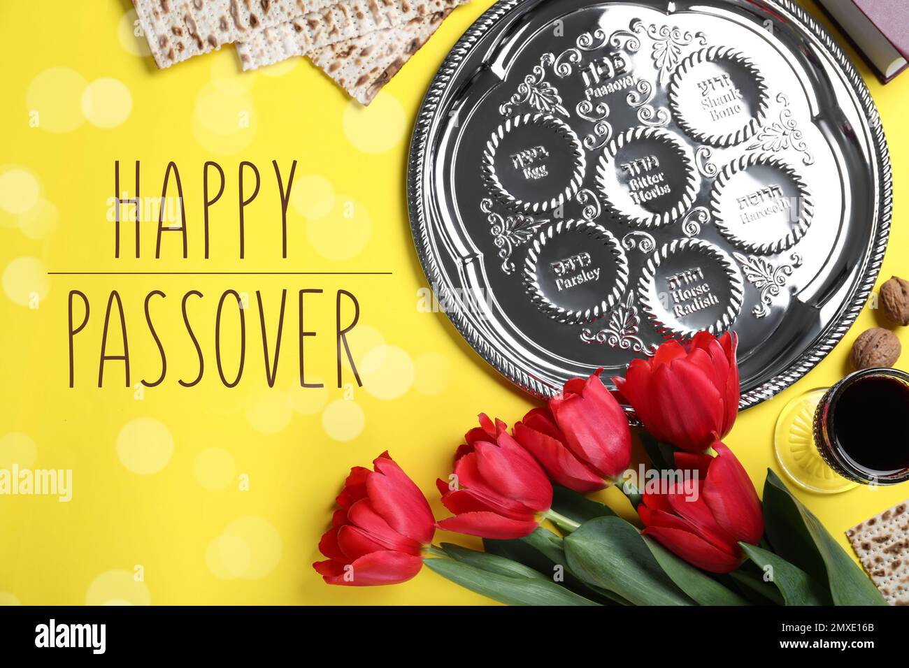 Flat lay composition with symbolic Pesach (Passover Seder) items on ...