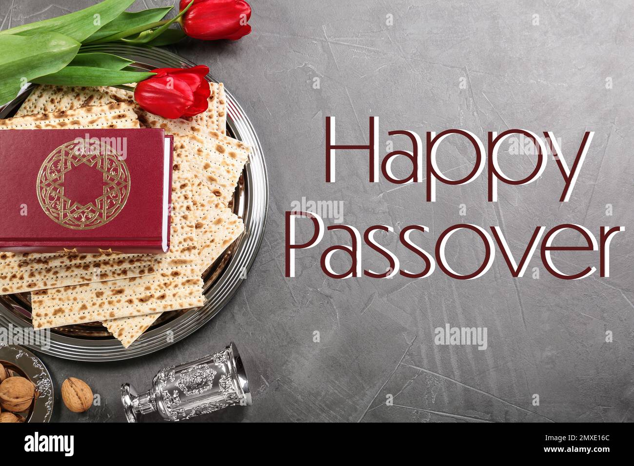 Flat lay composition with traditional Pesach (Passover Seder) items on ...