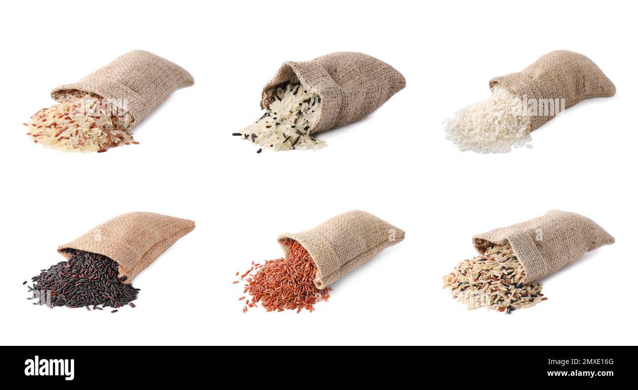 Set with different types of rice in bags on white background Stock ...