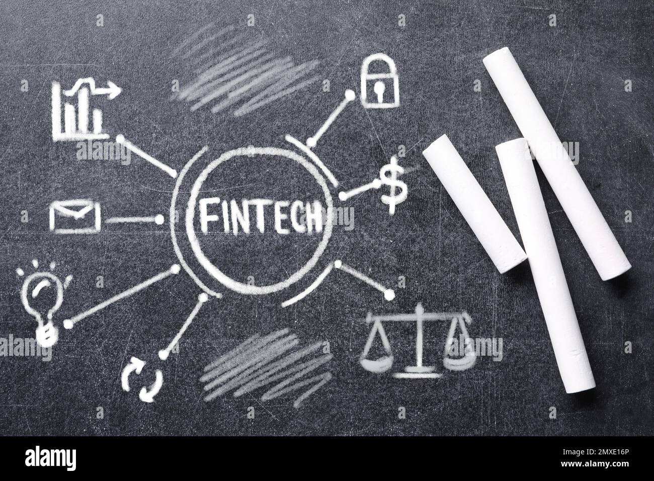 Fintech concept. Scheme with drawings and chalk on blackboard, top view ...