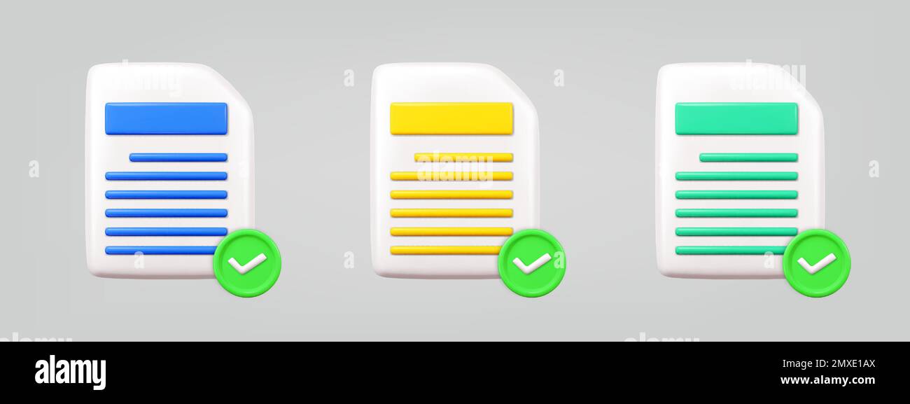 Document verification 3d icon set. realistic information check vector ...