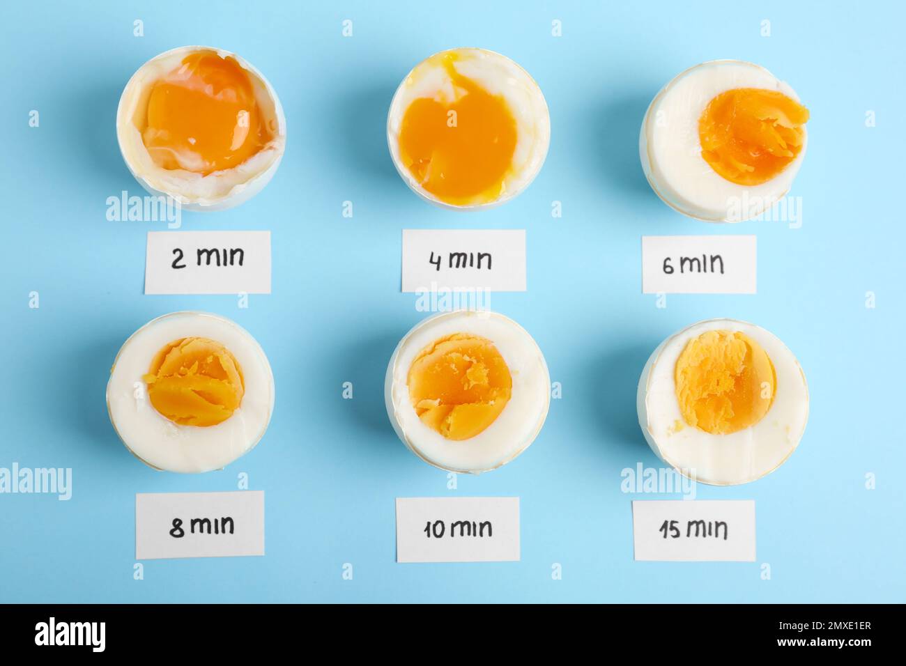 Different cooking time and readiness stages of boiled chicken eggs on ...