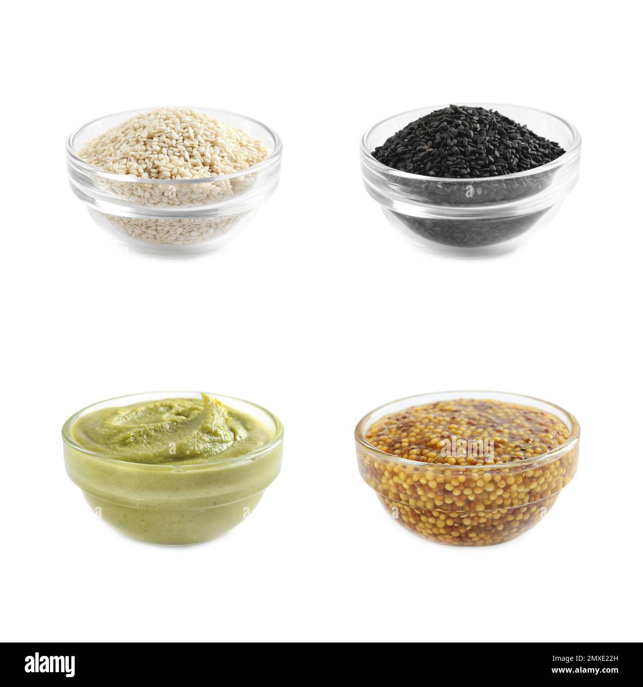 Set of different delicious sauces and condiments on white background ...