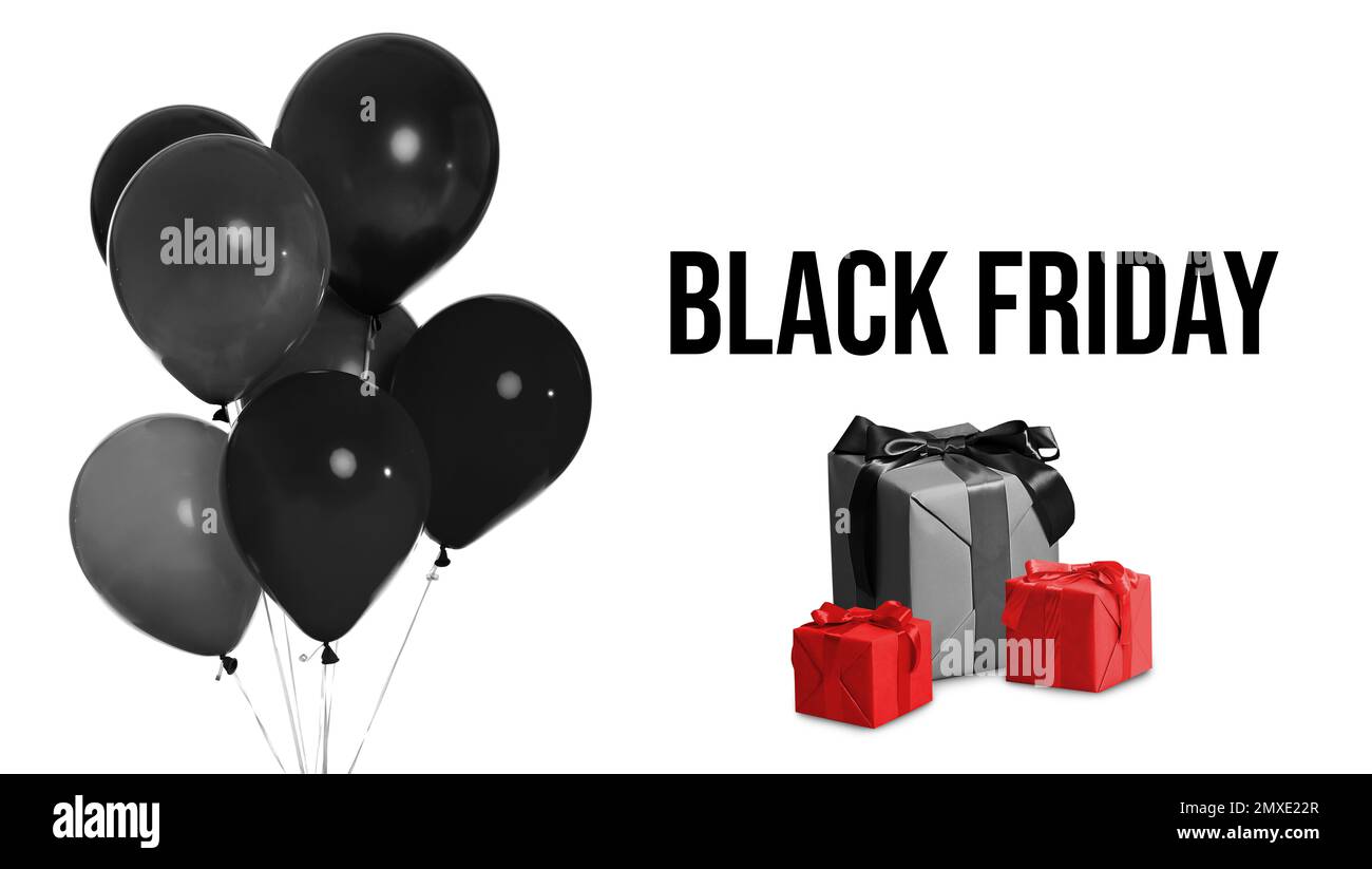 Text BLACK FRIDAY, balloons and boxes on white background Stock Photo ...