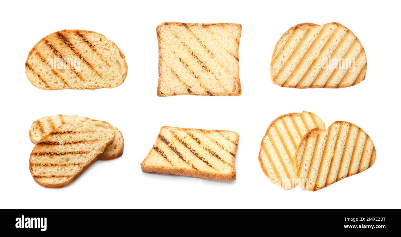 Set of toasted bread slices on white background Stock Photo - Alamy
