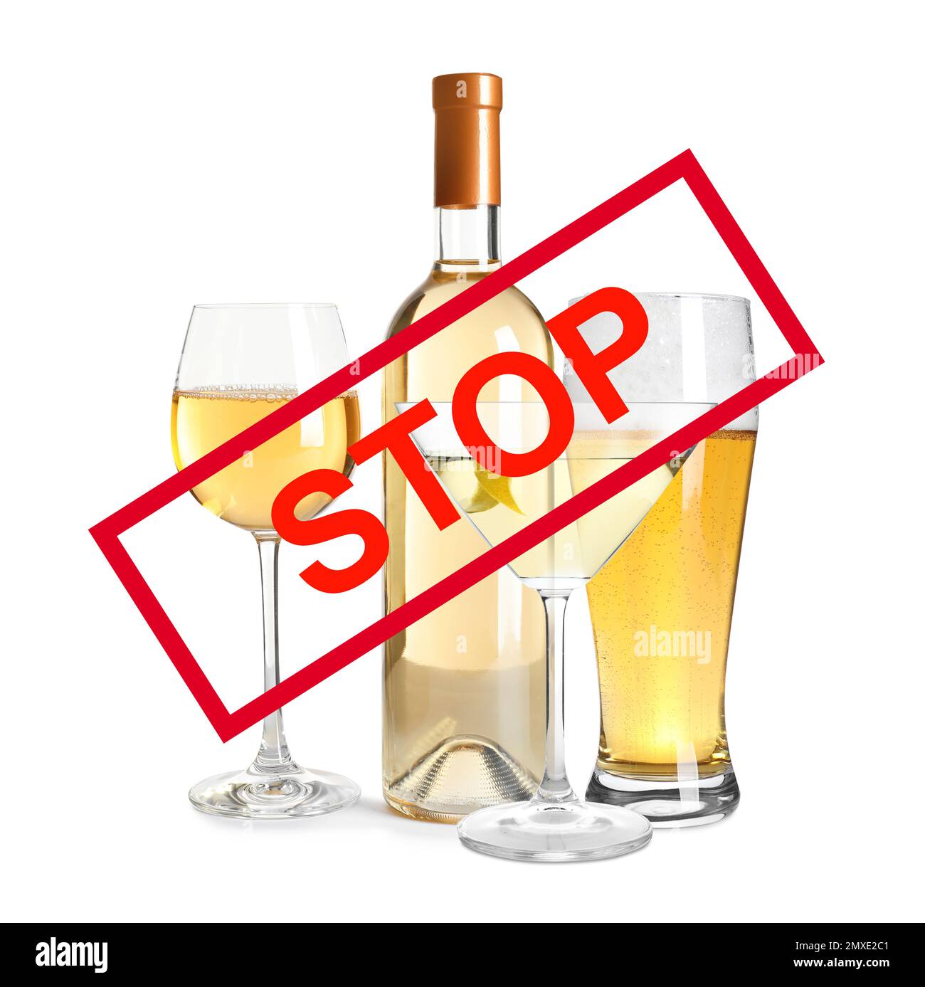 Set of different alcohol drinks and STOP sign on white background Stock ...