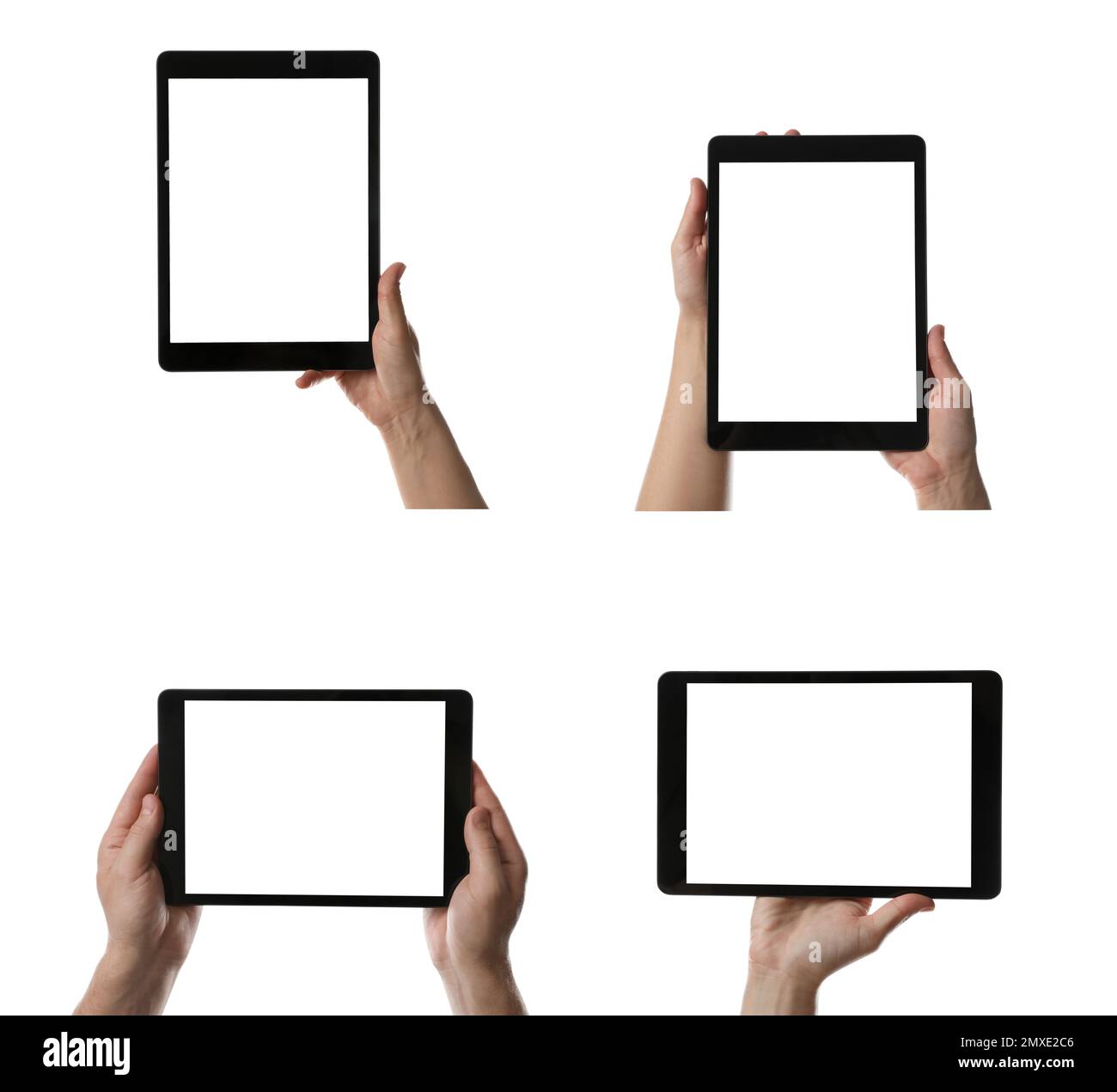 Collage with photos of people holding tablet computer on white ...