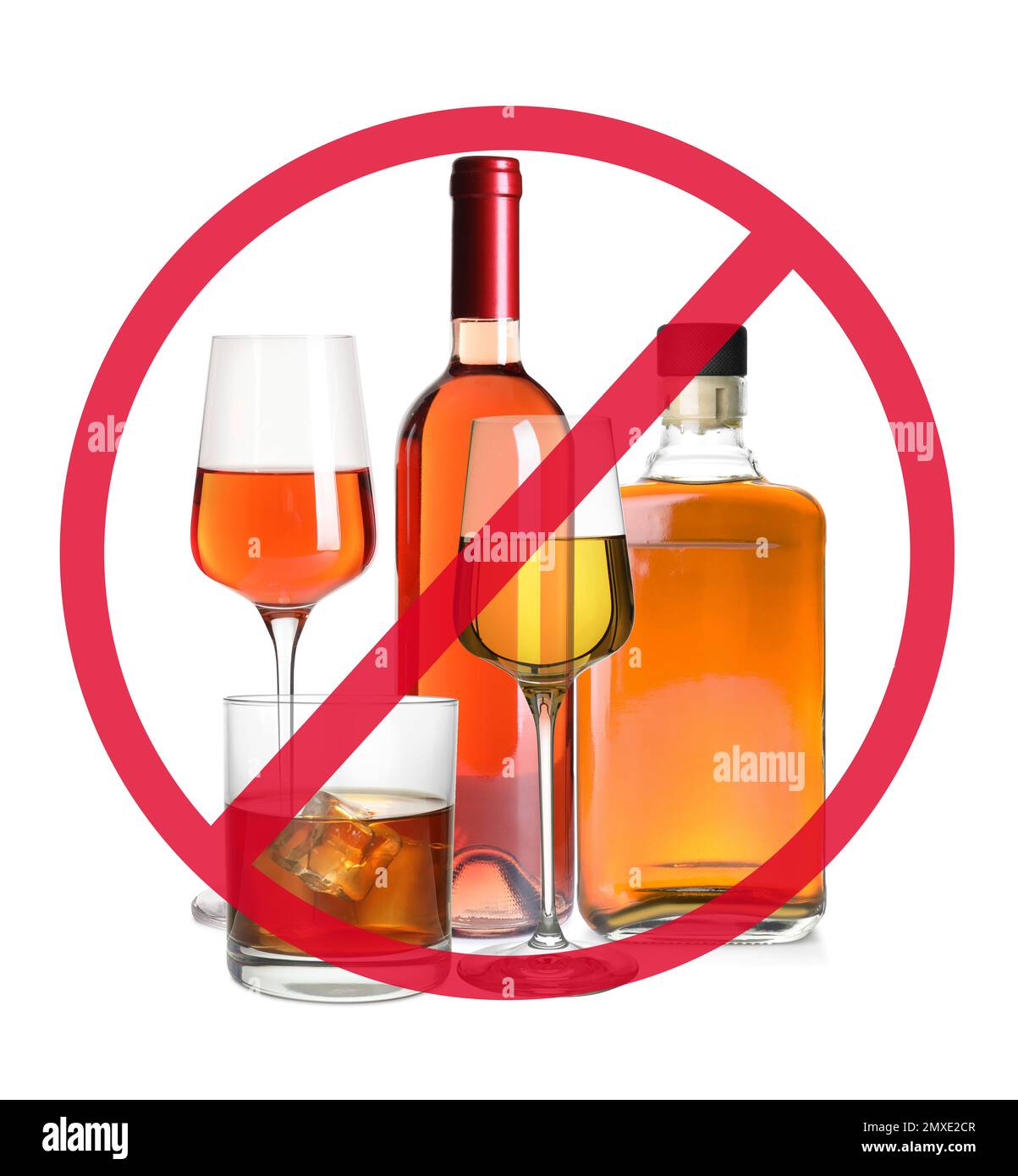 Set of different alcohol drinks and STOP sign on white background Stock ...
