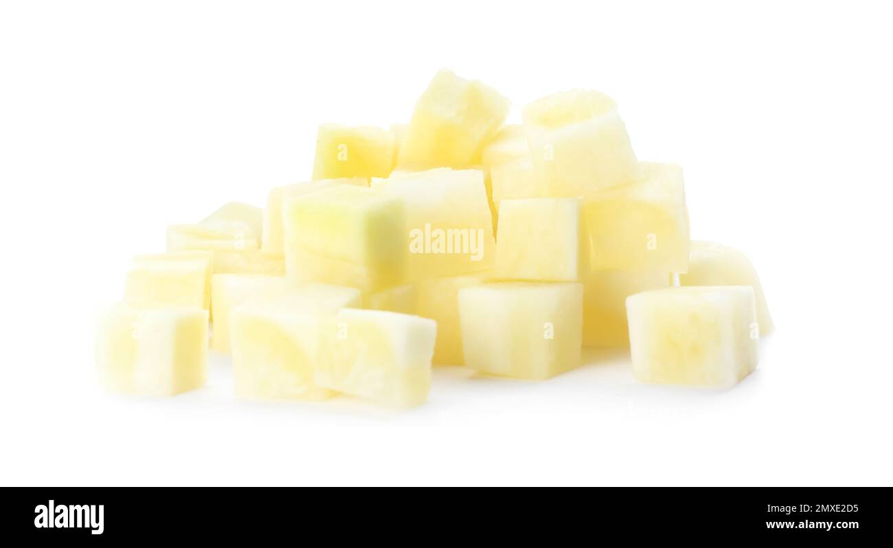 Tasty raw carrot cubes isolated on white Stock Photo - Alamy