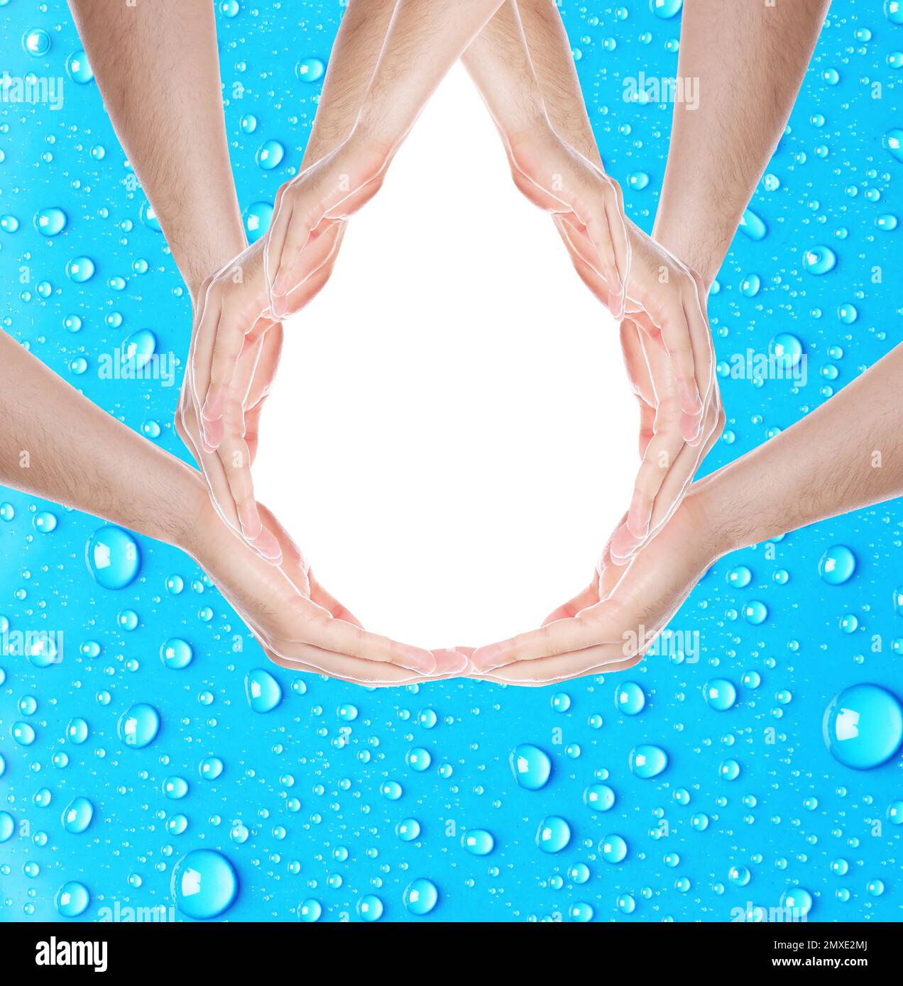Men forming water drop with their hands on light blue background, space ...