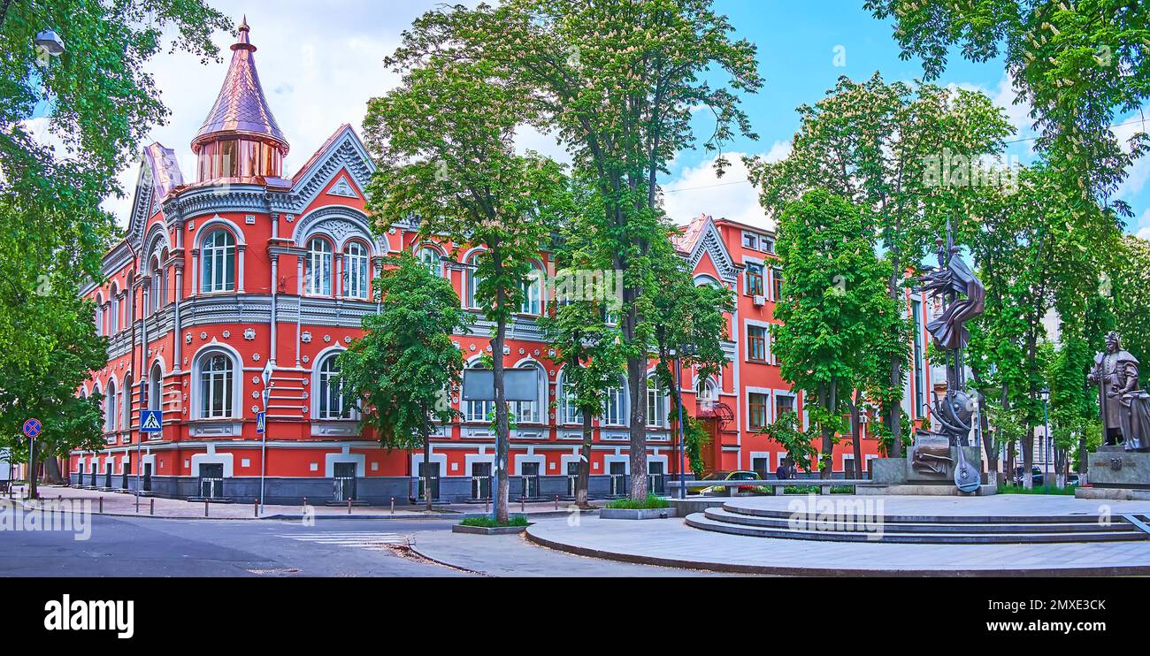 Lypska Street panorama with lush green flowering park with chestnut ...