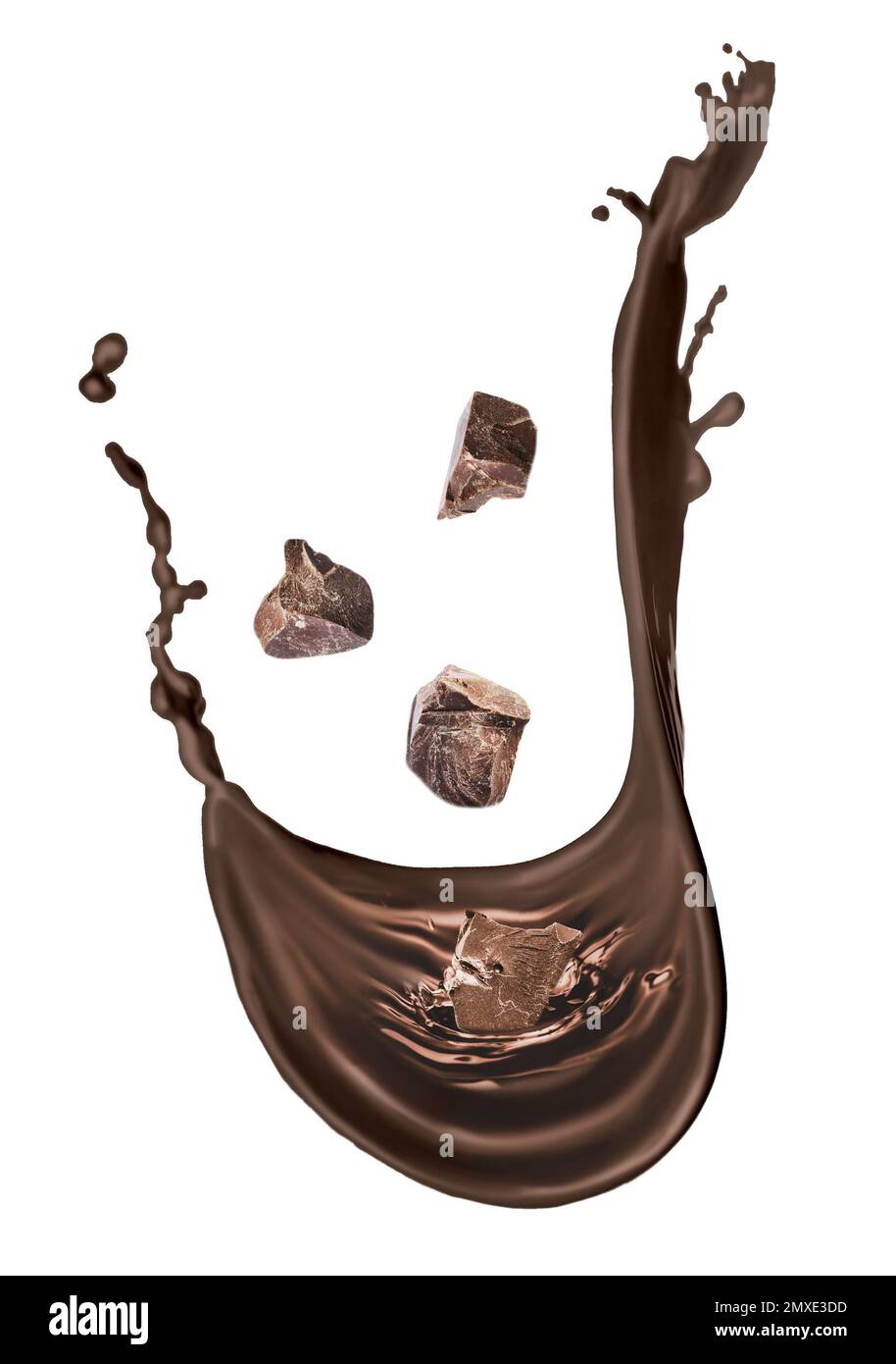Yummy melted chocolate splash with falling chunks on white background ...