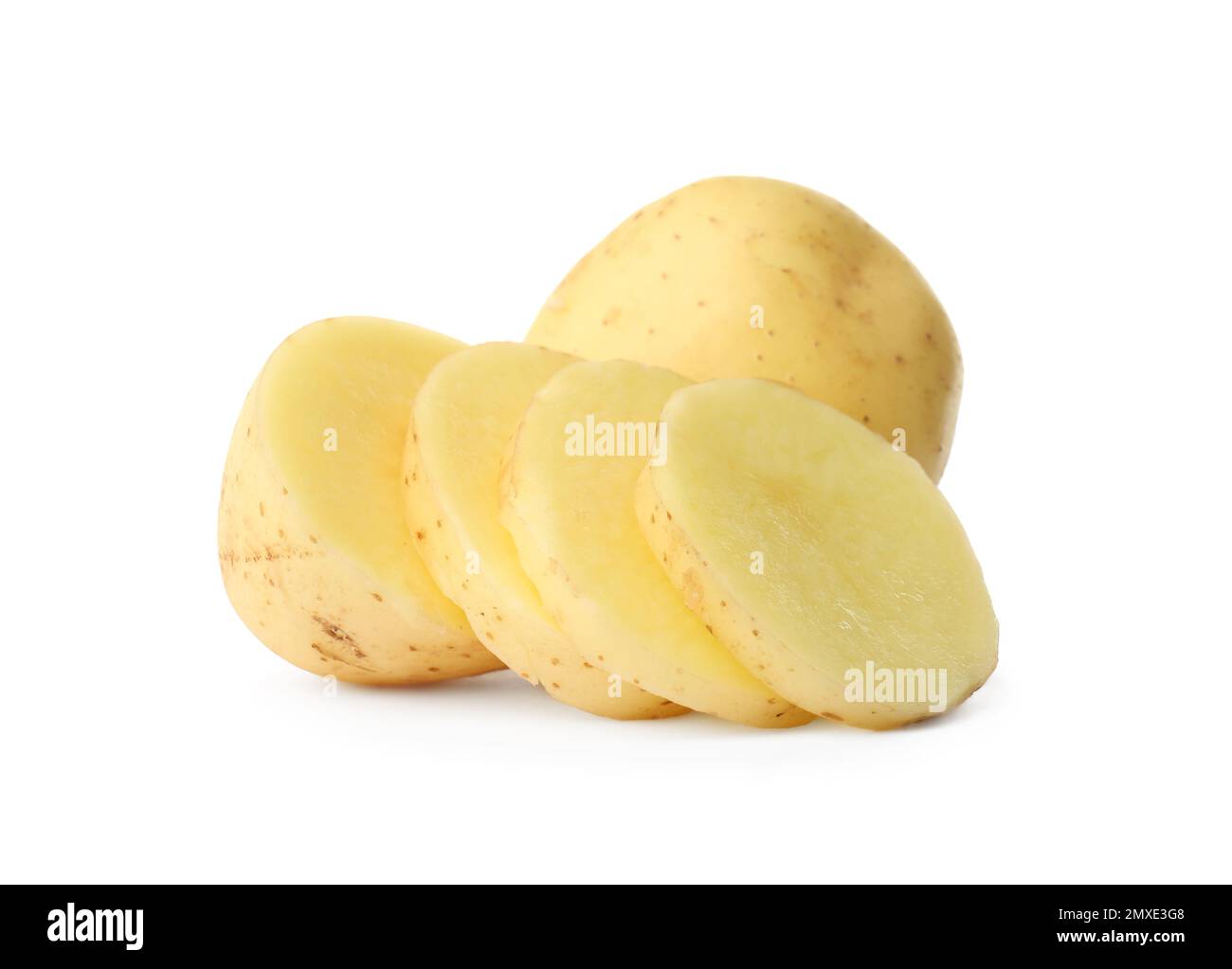 Whole and cut fresh raw organic potatoes on white background Stock ...